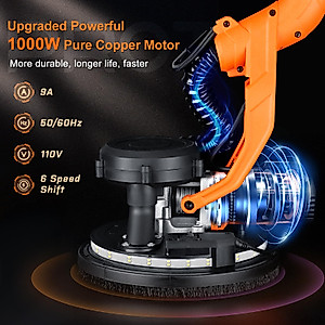 Drywall Sander, 1000W Popcorn Ceiling Removal Tool, Automatic Drywall Sander with Vacuum Dust Collection, LED Light, 6 Variable Speed 800-2200RPM,15Pcs Sanding Discs, Foldable & Extendable Handle