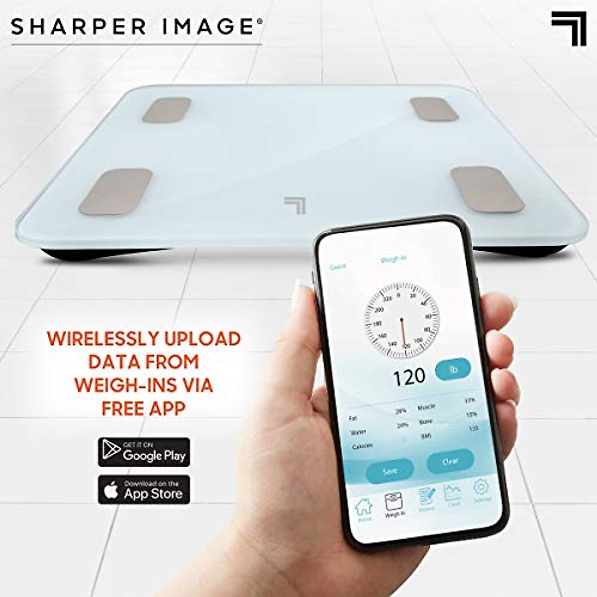 SHARPER IMAGE Digital Bathroom Smart Scale, Wireless Bluetooth Connectivity, Companion App Tracks Weight, Body Fat & BMI, Android & iOS Compatible, 10 User Health Profiles, Accurate Precision Sensors