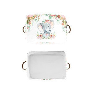 Elephant and Flower Personalized Storage Bins Basket Cubic Organizer with Durable Handle for Shelves Wardrobe Nursery Toy 2 Pack