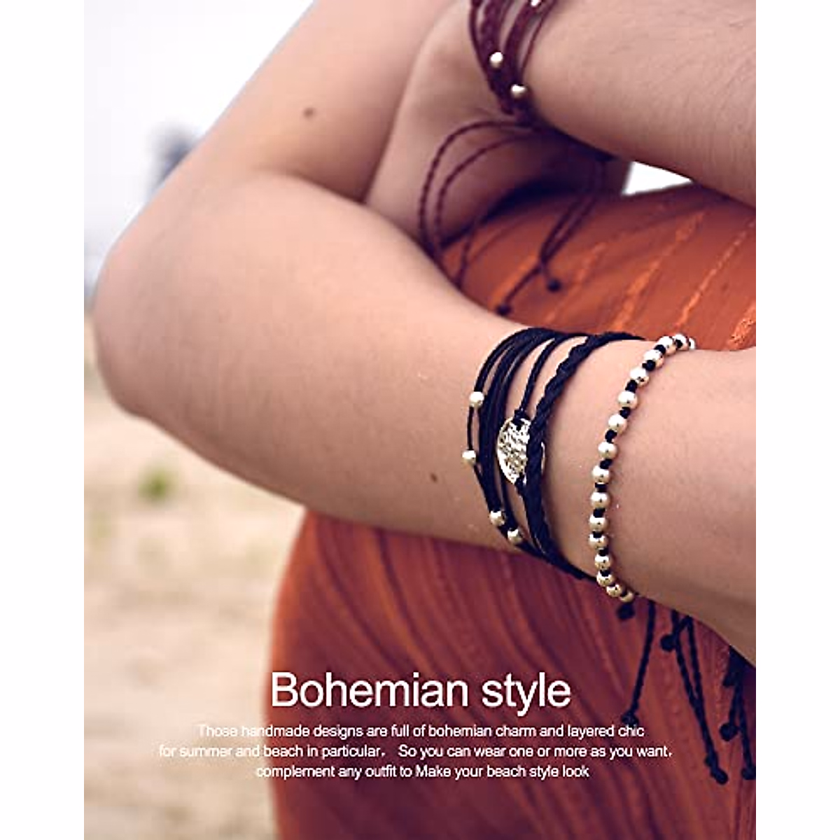 Mezcla Vida Bohemian Wave Coin Charms Black Beaded Handmade Braided Rope Surfing Woven Bracelets Sets For Women Teen Girls, Beach String Jewelry (BLACK)