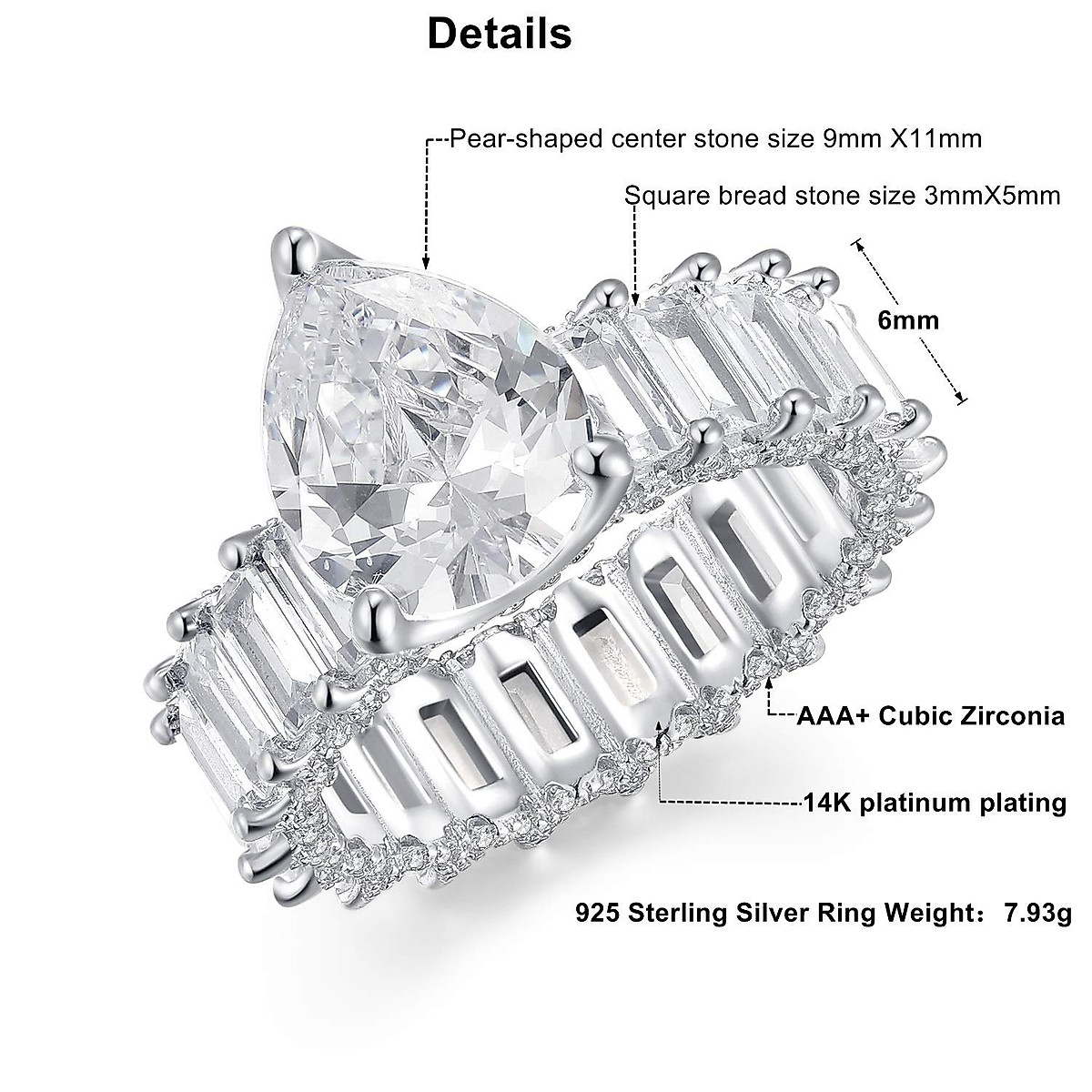 S925 Sterling Silver Ring Pear-Shaped CZ Cubic Zirconia or Gold-Plated Sterling Silver Princess Square Cut Ring, Gift Engagement Wedding Ring 9mmX11mm