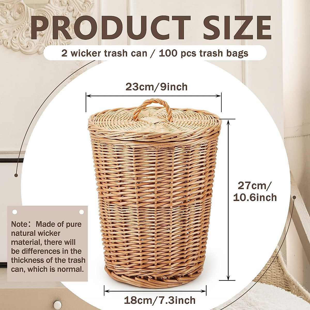 Maxcheck 2 Pcs Wicker Trash Can with 100 Plastic Trash Bag Wicker Waste Woven Basket with Lids and Garbage Bags for Bathroom Kitchen Bedroom Office Bedroom Kitchen Laundry Supplies