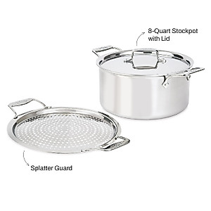 All-Clad D5 5-Ply Brushed Stainless Steel Stockpot with lid and Strain & Splatter Guard, 8-Quart, Induction, Oven & broiler safe up to 600°F, Cookware, Pots and Pans, Kitchen Essential, Silver