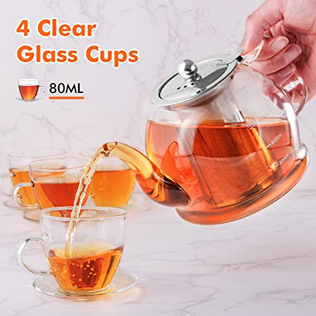 MINO ANT Tea Set – 1200ml Glass Teapot with Removable Stainless Steel Infuser, and 4 Glass Teacups, Stovetop Safe Tea Kettle Gift Set, Blooming and Loose Leaf Tea Maker Set