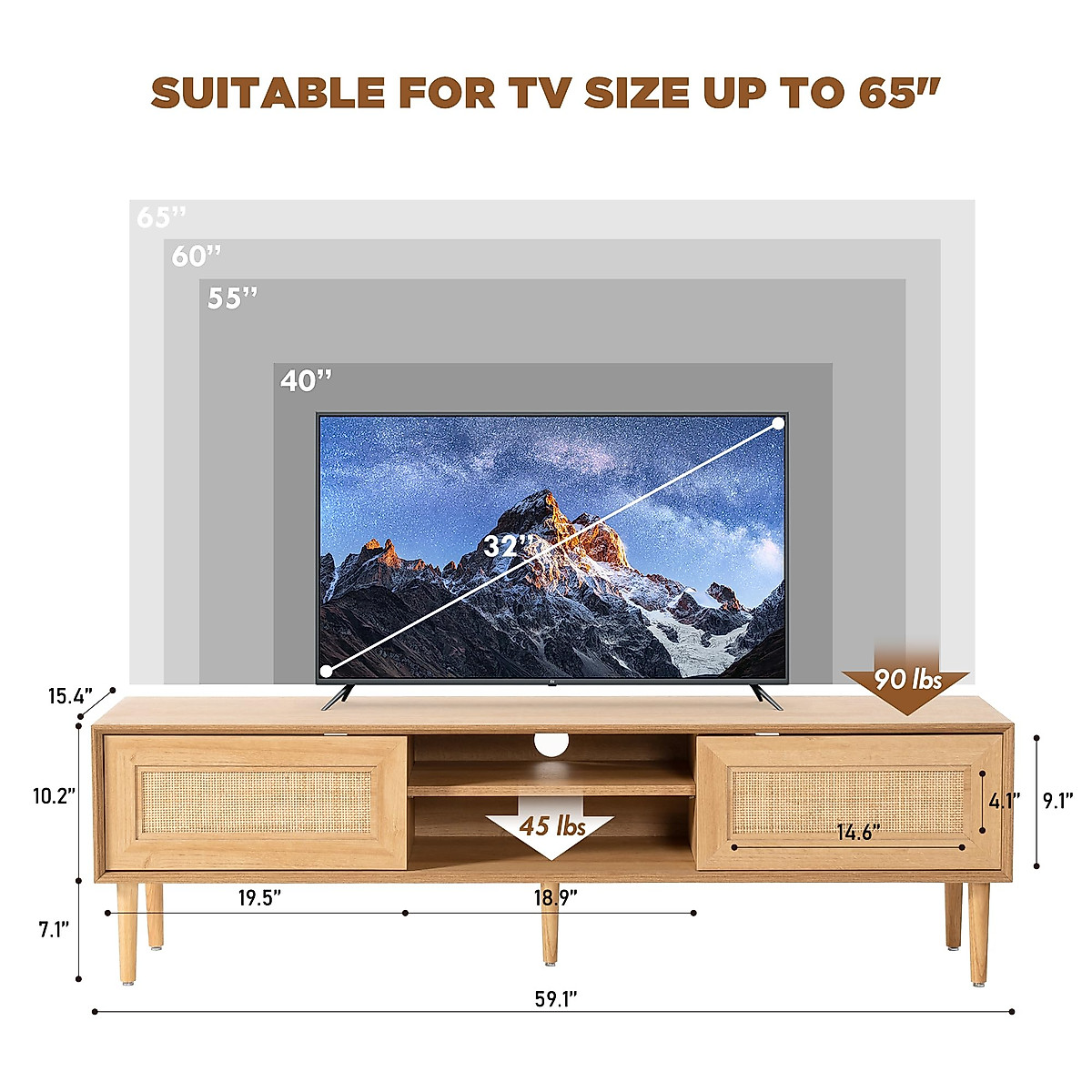 HMeeZnn Rattan TV Stand for 55 Inch TV, Mid Century Modern Entertainment Center with Storage Boho TV Console Table with 2 Cabinets for Living Room Bedroom, Natural Wood