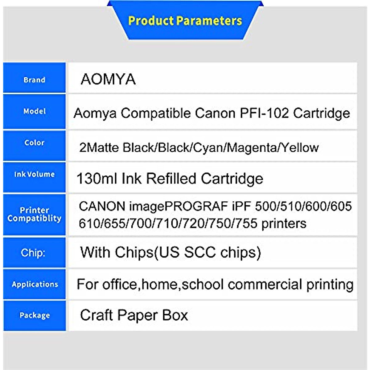 Aomya Compatible Canon PFI-102 pfi 102 Ink Cartridge for ImagePrograf iPF500 510 600 605 610 650 655 700 710 720 750 755 760 765 130ML Ink Cartridge(2MBK, BK, C, M, Y) 6 Pack