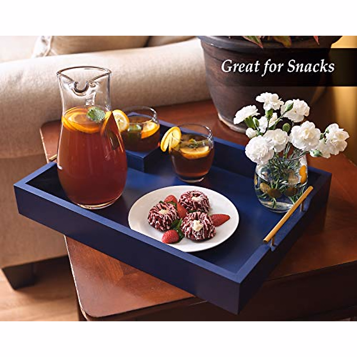 Deluxe Ottoman Tray- Wooden Serving Tray with Handles and Incorporated Cup Holder- Mid Century Modern Décor- Dark Navy Blue Tray 18"x14"x.3