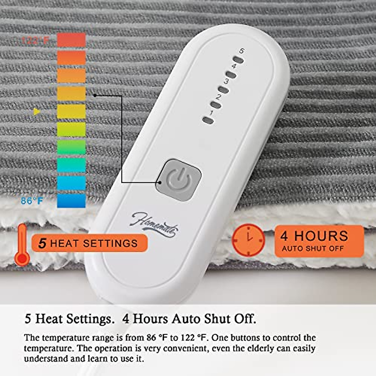 HomeMate Heated Blanket Electric Throw - 50"x60" Heating Blanket Throw 4 Hours Auto-Off 5 Heat Levels Heat Blanket Over-Heat Protection Soft Flannel Sherpa Heater Blanket Electric ETL Certification