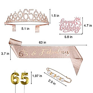 65th Birthday Decorations for Women，Rose Gold 65 Birthday Crown Tiara ，Cake Topper, Birthday Sash with Peal Pin and Birthday Candles Kit,65th Birthday Gifts for Women