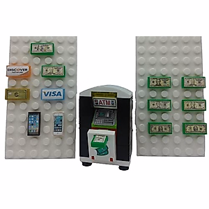 Building Bricks ATM Piggy Bank with Custom Bank Money Cash Bills Credit Cards Smart Phones-Personal ATM for Kids- Boys Girls Birthday Gift Toy
