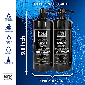 Dead Sea Collection Mens Body Wash 3 in 1 – Amber Wood Body Wash for Men – Shower Gel – Shampoo – Shower Soap for Face and Hair – Pack of 2 Bottles (33.8 Fl. Oz. Each)