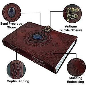 RUSTIC TOWN Leather Bound Journal for Men Women with Semi-Precious Stone & Buckle Closure - Book of Shadow Handmade Leather Travel Writing Notebook Diary Gift for Him Her