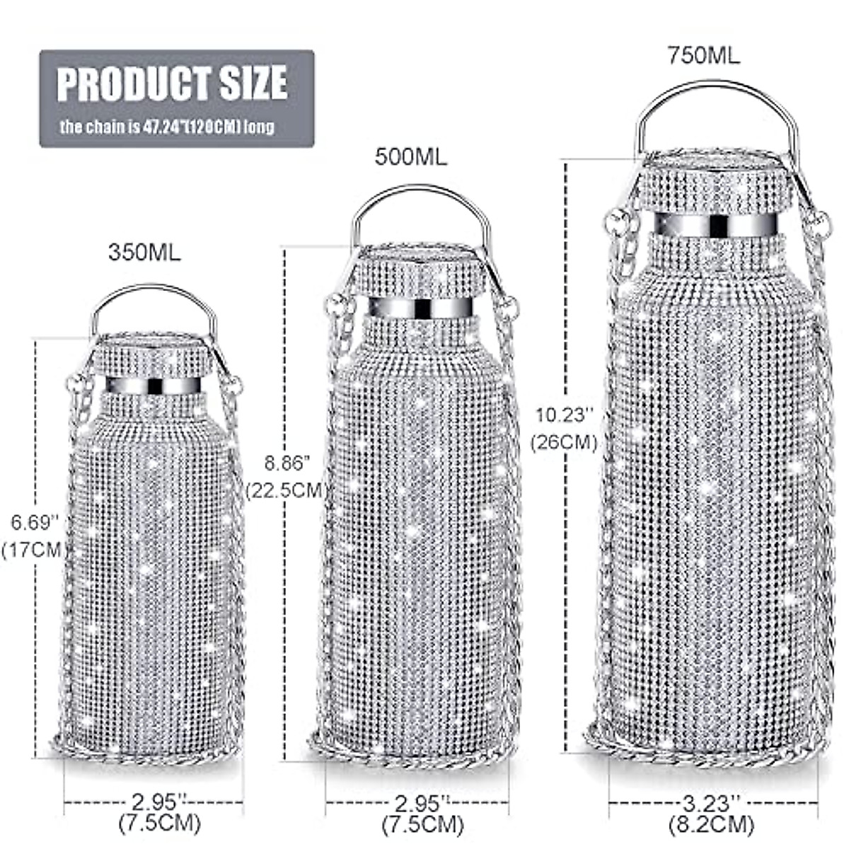 RLMOON Bling Water Bottle Rhinestone Diamond Stainless Steel Glitter Insulated Bottle Vacuum Flask Sparkling Thermal Bottle with Chain Refillable Water Bottles for Women