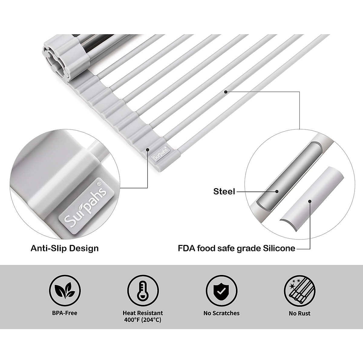 Surpahs Over Sink Foldable Multipurpose Roll-Up Dish Drying Rack, Silicone Wrapped Stainless Steel,Warm Gray, 20.5" x 15.5" (Pack of 2)