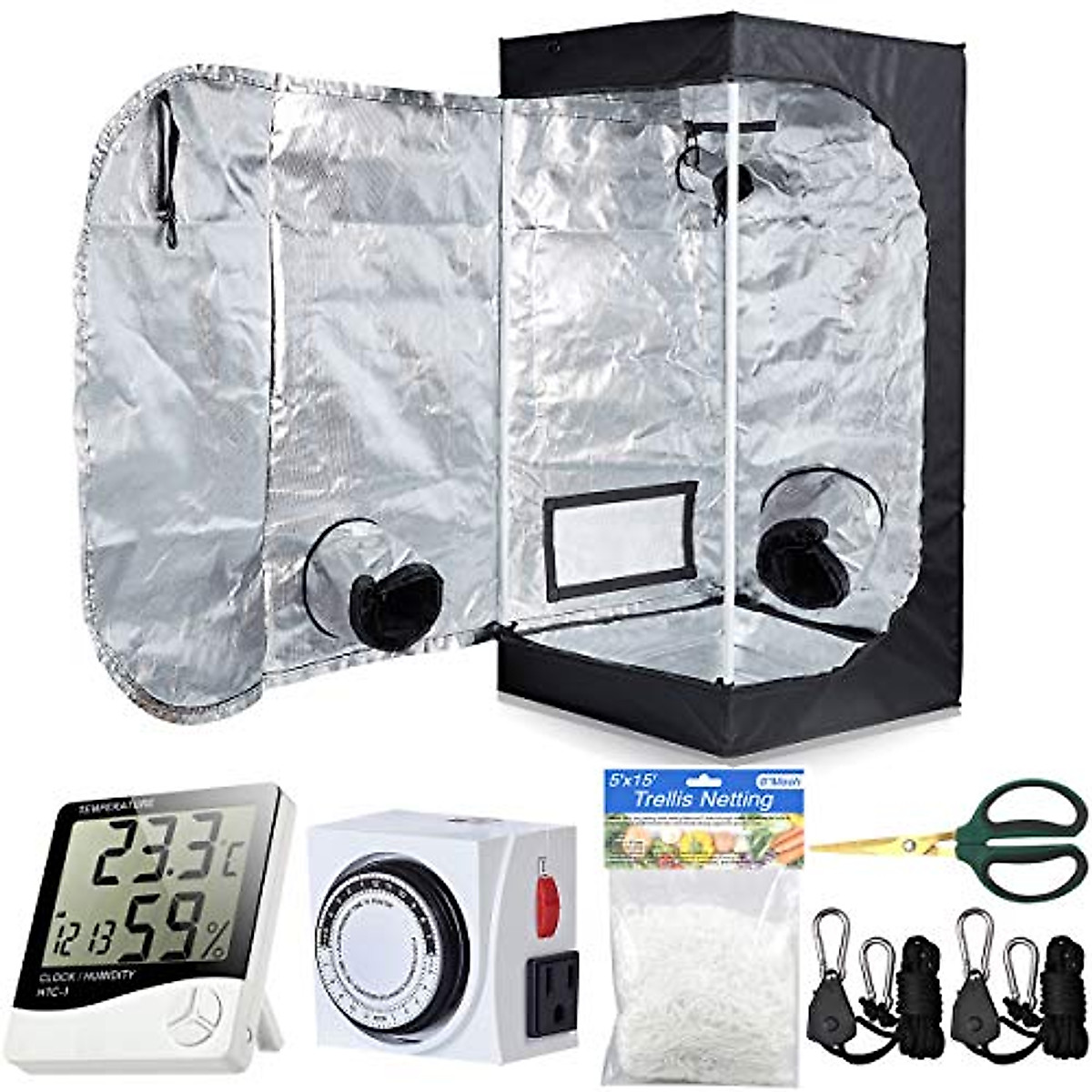 BloomGrow Hydroponics 24''x24''x48'' 600D Mylar Indoor Plant Grow Tent + Hygrometer Humidity Monitor + 24 Hour Timer + Trellis Netting + Bonsai Shears+ Hanger Grow Tent Kit