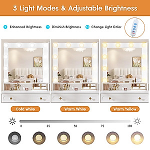Mauqvit Vanity Desk with Mirror and Light，Vanity Desk with 2 Large Drawers, 2 Large Storage，Charging Station and 10 Lights 3 Lighting Modes Adjustable Brightness Dresser, White