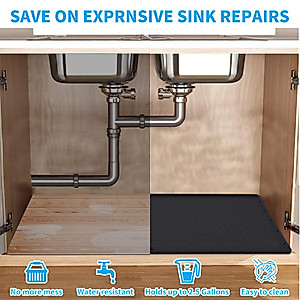 AUMIO Under Sink Mat, Under Sink Mats for Kitchen Waterproof 22" x 34" Under Kitchen Sink Mat Silicone Under Sink Liner Drip Tray with Drain Hole, Sink Cabinet Protector Mat for Kitchen Bathroom Black