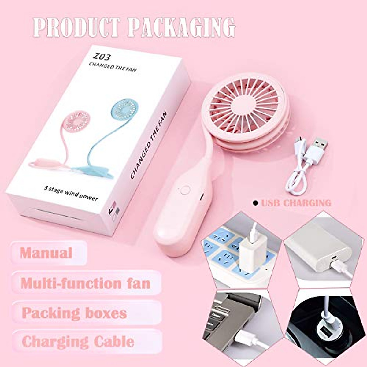 LYHMGZ Mini Handheld Portable Baby Stroller Fan Flexible Stand Fix on Student Bed Bike Crib Car Seat ,3 Speeds USB or Battery Powered Fan,personal fans small quiet (Pink)