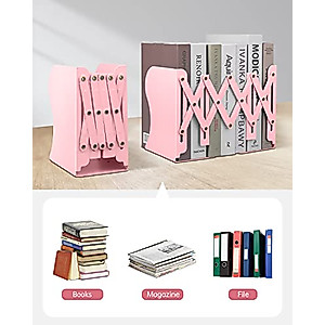 Adjustable Bookends, Metal Book Ends for Shelves Heavy Book, Desk Magazine File Organizer for Home, Office, Books, Papers, Extends up to 19 inches (Pink)