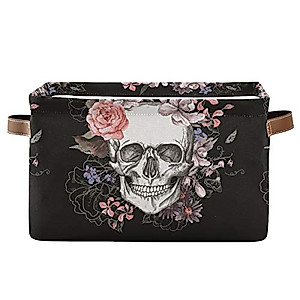 WELLDAY 1PCS Storage Basket Black Rose Skull Large Foldable Storage Bin Cube Collapsible Organizer