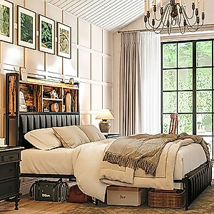 ANCTOR Queen Bed Frame with Upholstered Headboard and LED Light, Strong Platform Bed with Charging Station, Solid and Stable, No Box Spring Needed