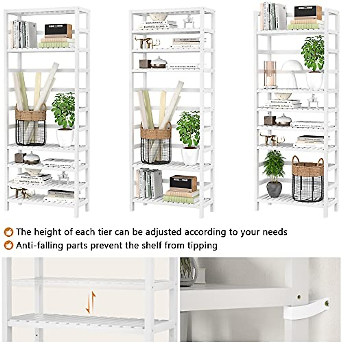 Homykic Bookshelf, 6-Tier Bamboo Adjustable 63.4” Tall Bookcase Book Shelf Organizer Free Standing Storage Shelving Unit for Living Room, Kitchen, Bedroom, Bathroom, Office, Rust Resistance, White