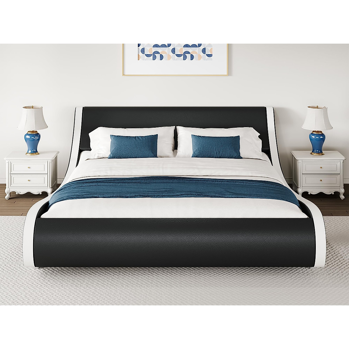 WEEWAY Modern Queen Size Upholstered Platform Bed Frame, Faux Leather Sleigh Bed with Adjustable Headboard, Strong Wood Slats Support, No Box Spring Needed, Black & White