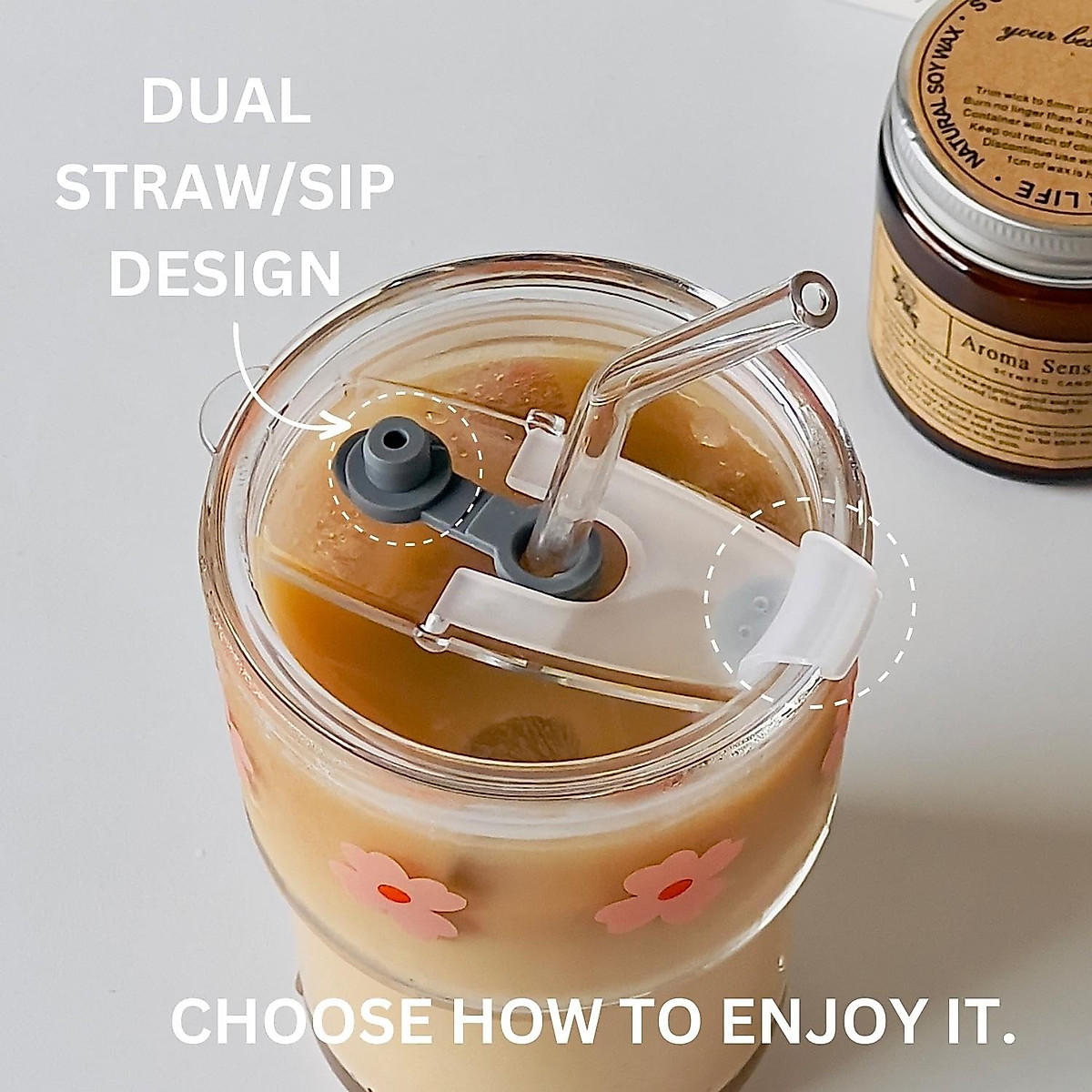 Olvini 13oz Glass Tumbler with Glass Straw and Lid, Iced Coffee Cups Reusable, Water Cup, Coffee Tumbler, Glass Coffee Mugs, Drinking Glass Cups (Pink Flower)