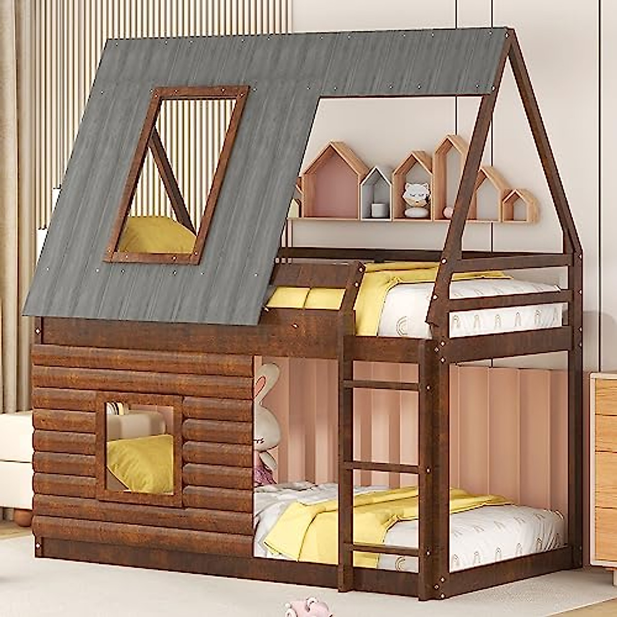 Merax Twin Over Twin Bunk Bed Wood Frame with Roof, Ladder and 2 Windows for Kids Teens Girls Boys，Oak & Smoky Grey