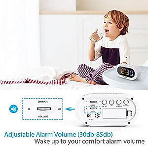 REACHER Small Colorful LED Digital Alarm Clock with Snooze, Simple to Operate, Full Range Brightness Dimmer, Adjustable Alarm Volume, Outlet Powered Compact Clock for Bedrooms, Bedside, Desk, Shelf