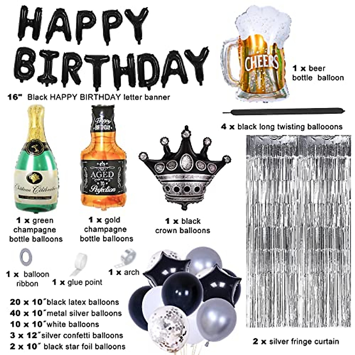 Black and Silver Happy Birthday Party Decorations for Men Women Boys Girls Him Her with 94pcs Black White Silver Balloons Black Happy Birthday Banner Foil Balloons Fringe Curtains Crown Beer Balloons