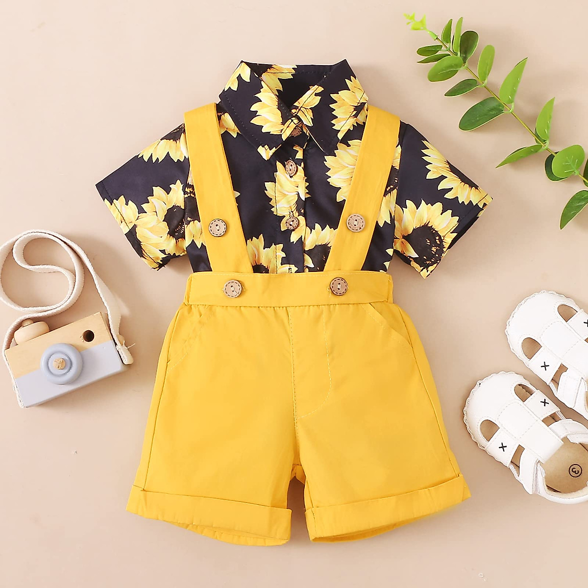 Noubeau Baby Boy Girl Brother Sister Matching Outfits Sunflower Print Short Sleeve Tops Romper+Suspender Overalls Shorts Clothes Set (Sunflower- Shirt, 12-18 Months)