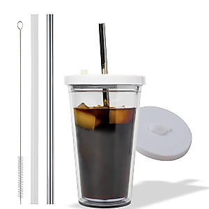 Reusable Iced Coffee Cup (16 Oz/Grande), Leak Proof and Double Wall Insulated Iced Coffee Tumbler, Come with Reusable Plastic and Metal Straws and Straw Cleaner