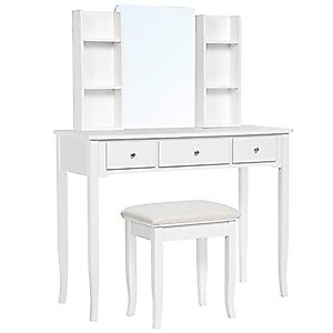 VASAGLE Vanity Set Makeup Dressing Table with Mirror, Cushioned Stool, for Bedroom, 38.6 x 15.9 x 52.6 Inches, White