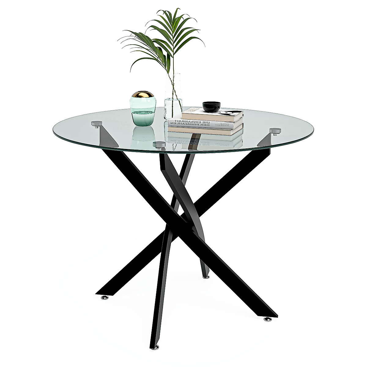 NIERN Round Tempered Glass Dining Table for 2-4 with Metal Legs, 35.5 in Modern Small Kitchen Table for Kitchen Dining Room (Black)