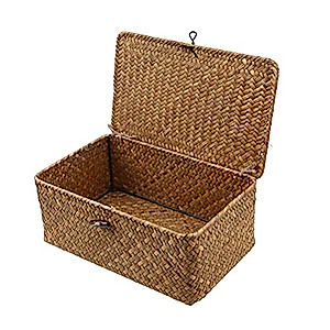 Handwoven Rattan Storage Basket,3pcs seagrass storage baskets Straw Seaweed Basket with Lid for Makeup, Clothes and Home hyacinth baskets Items woven seagrass basket