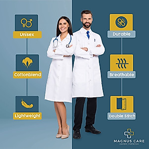 Magnus Care Professional Lab Coat for Women & Men, White Unisex Labcoat, Cotton Poly Medical Doctor Nurse Med Laboratory Coat