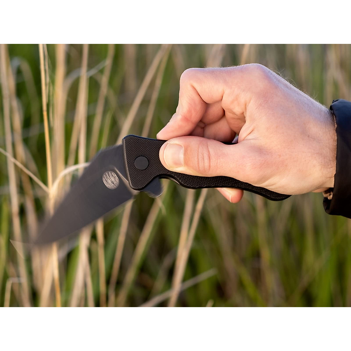 Off-Grid Knives - Rhino V2 with 154CM Steel, Textured G10, Tumbled Black Finish, Large Folding EDC Knife, Ceramic Ball Bearings, HRC 61, Deep Pocket Carry (Blackout)