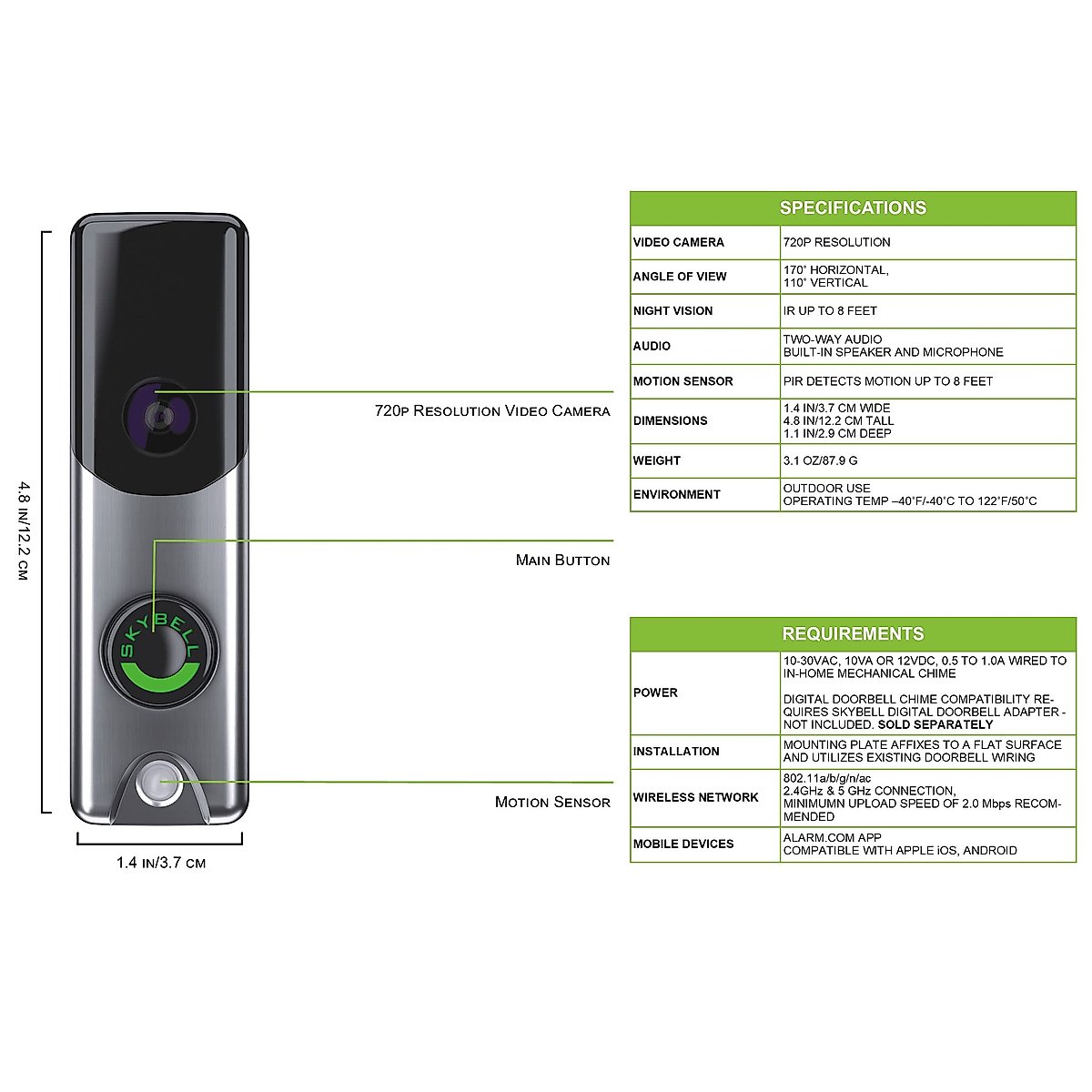 Skybell Slim Line II Silver Wi-fi Video Doorbell Camera for Alarm.com ADC-VDB105X Bundled with 4 inch Warning Sticker. Not Compatible with The Skybell app. Monthly Paid Subscription Required