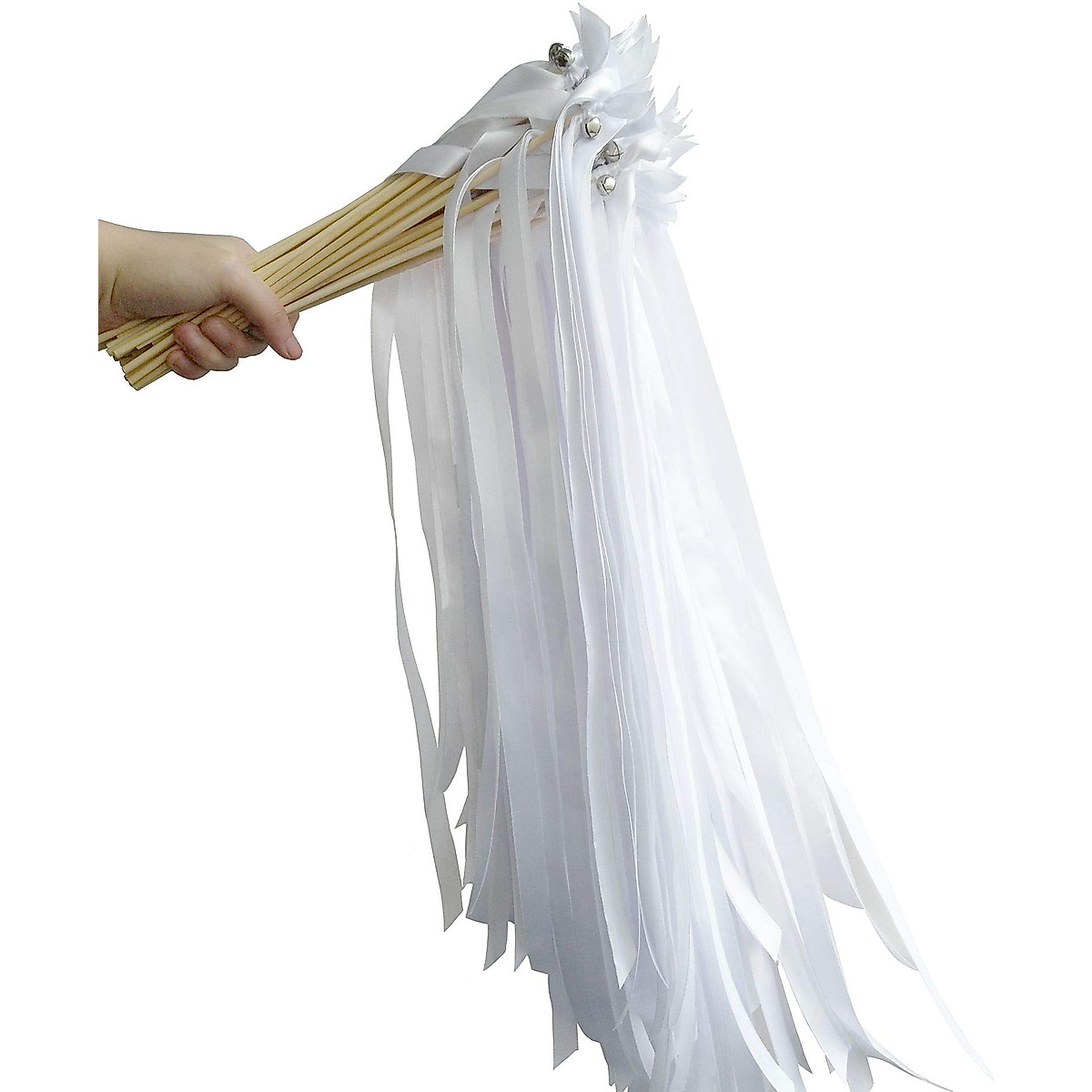 50PCS Ribbon Wands with Triple Ribbon and Silver Bell Party Wand Party Favors Streamers Ribbon Sticks Magic Fairy Wands for Wedding Decors