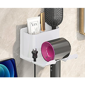 Hair Dryer Holder Wall Mounted for Dyson Supersonic Hair Dryers, Self Adhesive Hair Tool Organizer Blow Dryer Holder with Plug Hook and Rack for Storage, Bathroom Accessories Hair Dryer Stand (White)