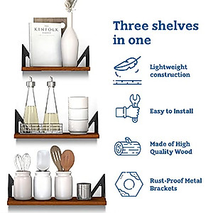 Halter Wall Book Shelves for Bedroom, Small Wall Shelf, Mounted Floating Wall Shelving, Hanging Shelves with Angle Brackets, Wall Shelves for Bedroom, Bathroom, Kitchen, Dark Brown,Set of 3