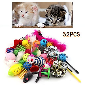 Cat Toys Kitten Toys Assortments, 32 Packs Cat Toys Variety Pack for Kitty, Cat Balls with Bells,Cat Feather Toy, Cat Mouse Toy, Cat Crinkle Balls, Catnip Toys for Indoor Cats Kittens