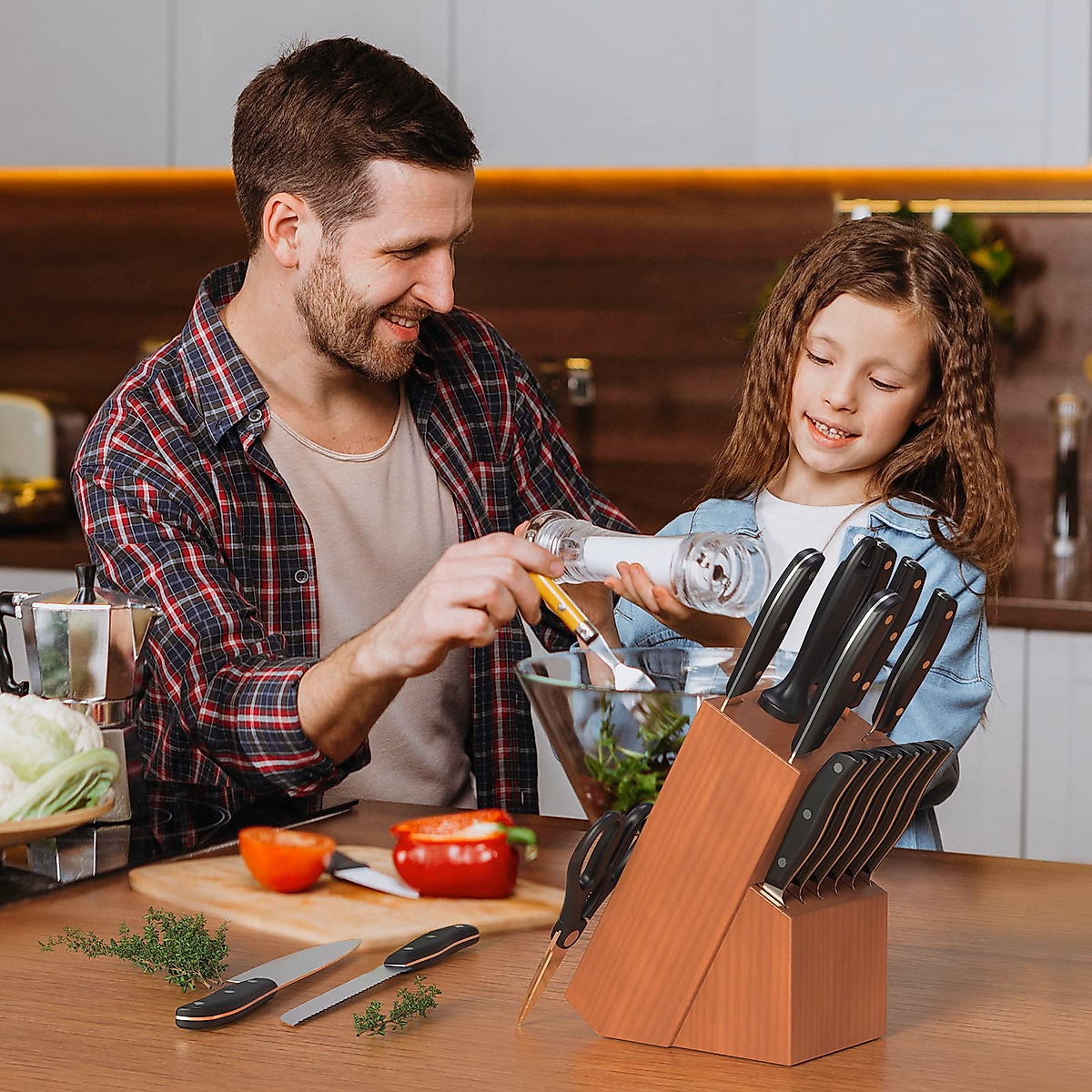 kakaroof 15 Pieces Kitchen Knife Set with Block, Stainless Steel Chef Knife Set with Sharpener and Kitchen Scissors for Professional and Home Use, Full-Tang Design, Black Knives + Brown Block