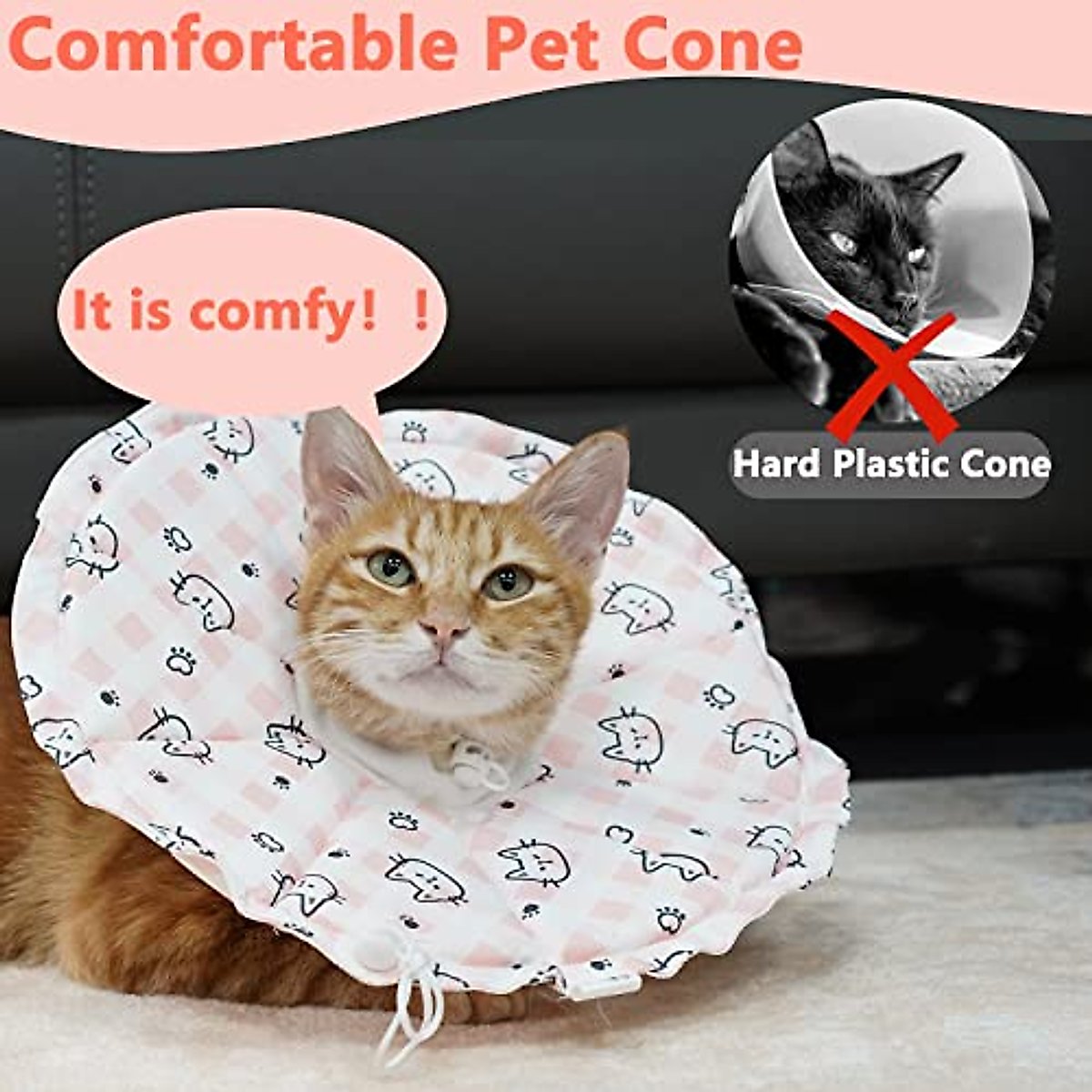 Crazy Felix Cat Cone, Soft Cat Cone Collar to Stop Licking and Scratching, Adjustable Recovery Cone for Cats After Surgery with Drawstring Design, Easy to Eat and Drink