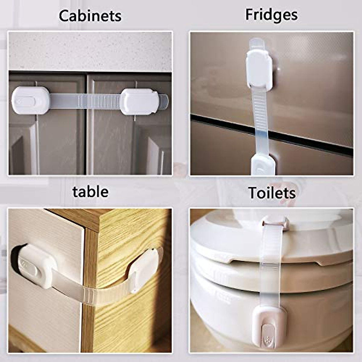 12Pack Child Safety Cabinet Locks Set Baby Proofing Strap Latches Locks(with 6pcs Spare Adhesive) Used for Safety Drawer Cupboard Oven Refrigerator Toilets Seat Fridge & 10Pcs Clear Outlet Plug Cover