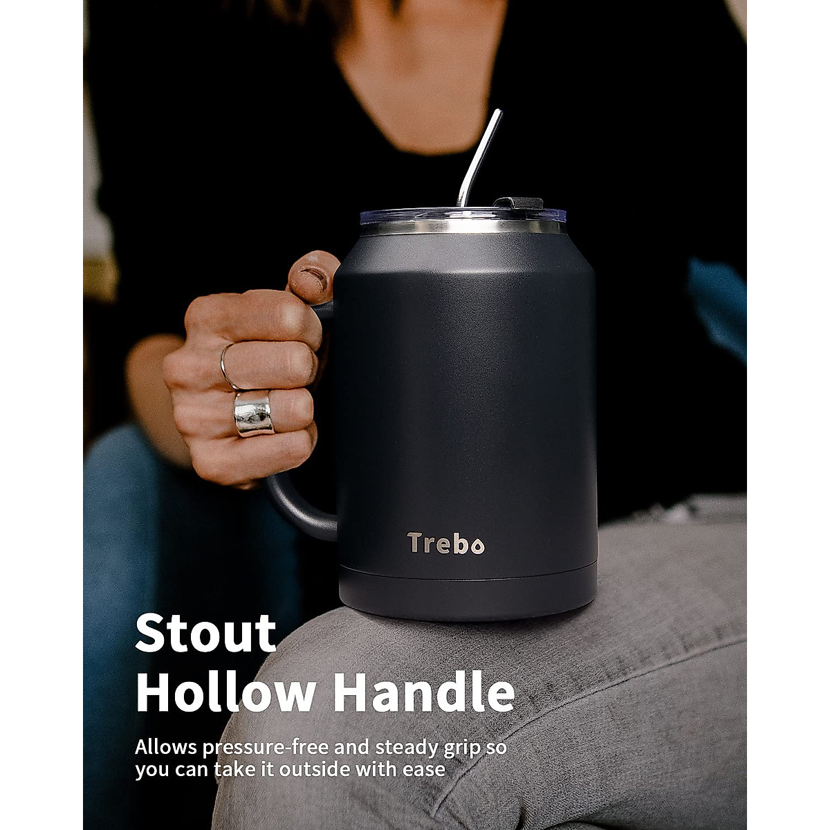 Trebo 50 oz Stainless Steel Mug Tumbler with Handle, Vacuum Insulated Large Iced Coffee Cup with Lids and Straws,Reusable Water Bottle Trave Flask Jug Keeps Drinks Cold up to 36 Hrs,Sweat Proof,Black