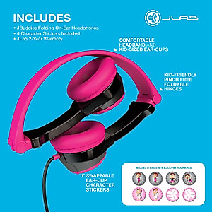 JLab JBuddies Folding Kids Wired Headphones, Toddler Headphones, Noise Isolation, Kids Safe |Volume Limiting Headphones, Headphones for Children Black/Pink