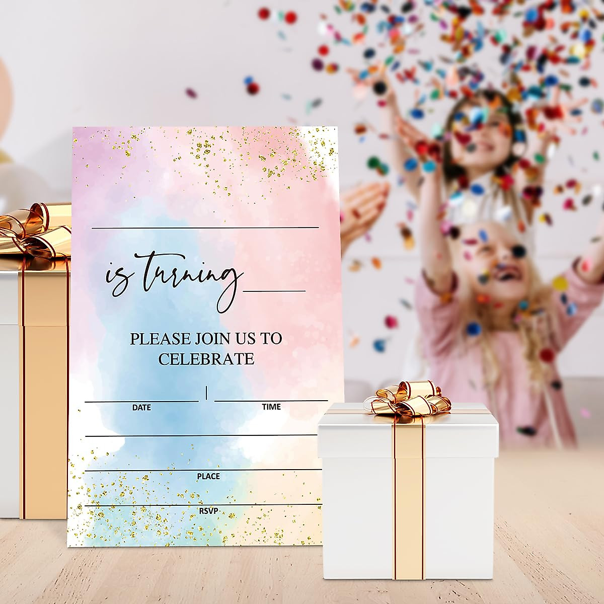 UDNADKEX Watercolor Birthday Invitations with Envelopes, Invites for Girls Birthday Party Watercolor, Colorful Birthday Party Invite Cards, 4"x6" Set of 20, Ombre Pastel