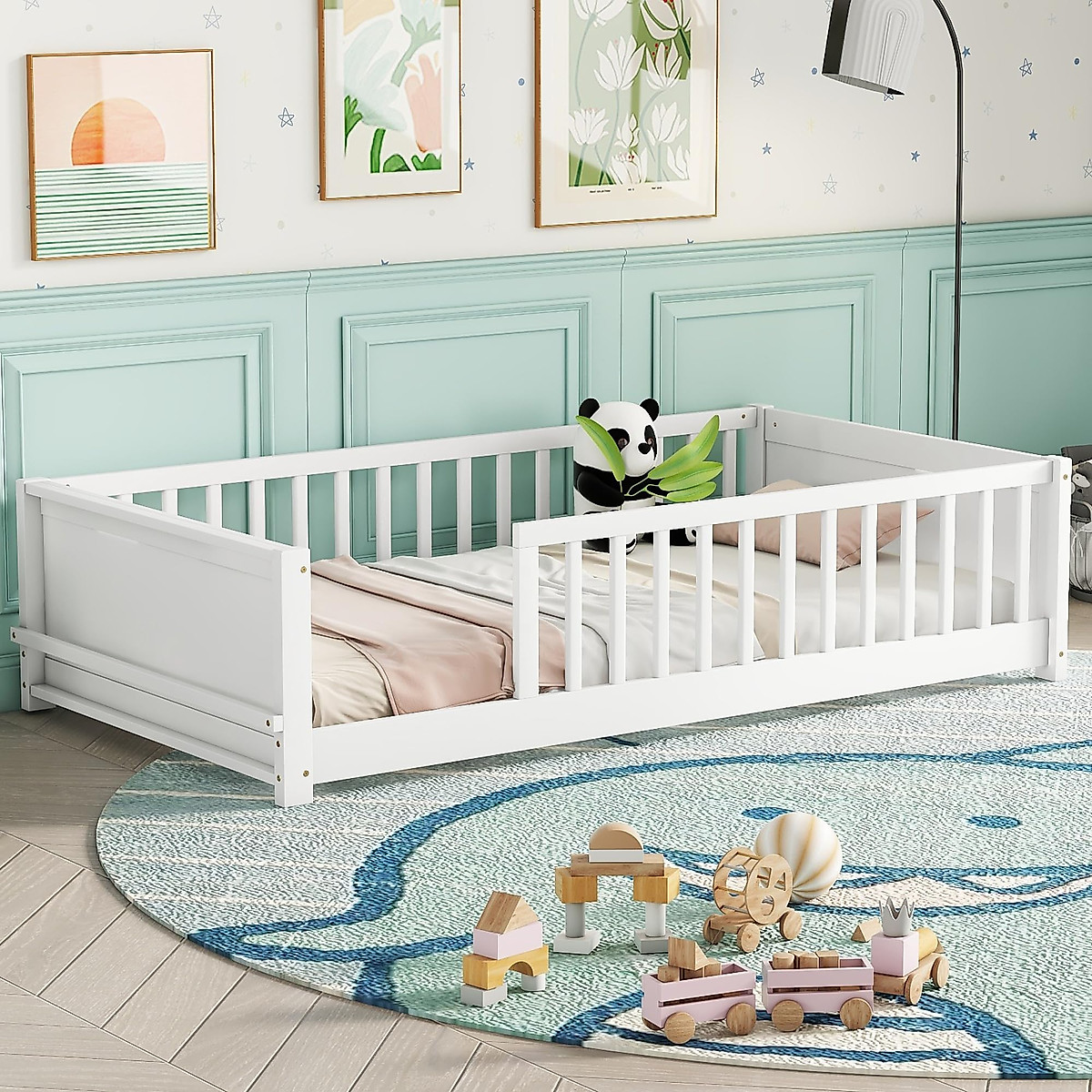 Luxo Abode Twin Size Montessori Floor Bed witn Built-in Book Storage Rack, Solid Wooden Platform Bed Frame Without Door, Easy Assembly, for Toddlers, Children's Room, Playroom, White